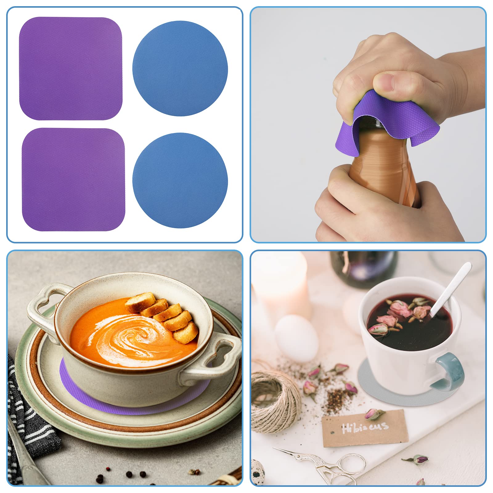 4pcs Jar Opener Gripper Pads, Rubber Jar Grippers Multi-function Jar Opener for Seniors with Weak Hands Kitchen Coasters (Blue, Purple)