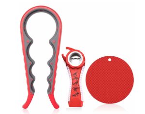 manual bottle opener, can opener, non slip jar opener gripper pad 3 piece set,jar opener for weak hands is definitely essential kitchen tools for the elderly/women/children.(red)