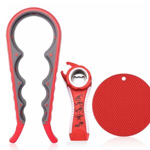 Manual Bottle Opener, Can Opener, Non Slip Jar Opener Gripper Pad 3 Piece Set,Jar Opener for Weak Hands is Definitely Essential Kitchen Tools for the Elderly/Women/Children.(Red)