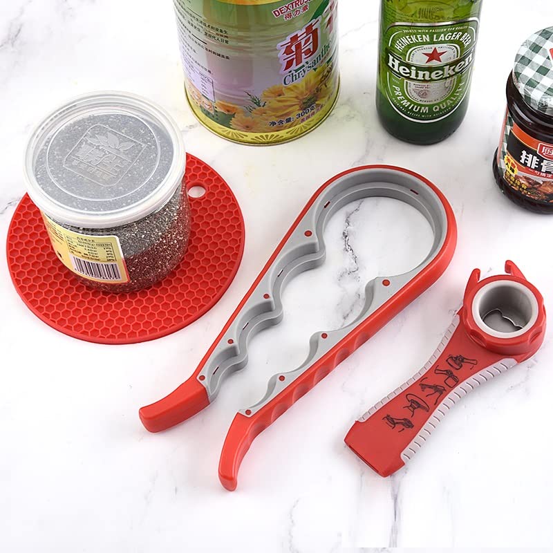 Manual Bottle Opener, Can Opener, Non Slip Jar Opener Gripper Pad 3 Piece Set,Jar Opener for Weak Hands is Definitely Essential Kitchen Tools for the Elderly/Women/Children.(Red)