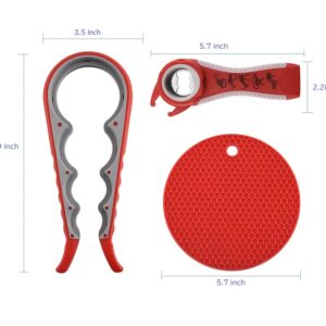 Manual Bottle Opener, Can Opener, Non Slip Jar Opener Gripper Pad 3 Piece Set,Jar Opener for Weak Hands is Definitely Essential Kitchen Tools for the Elderly/Women/Children.(Red)