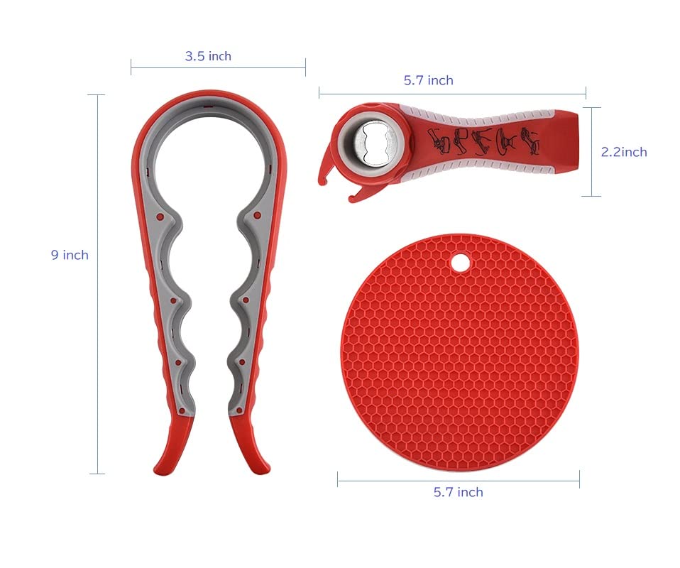 Manual Bottle Opener, Can Opener, Non Slip Jar Opener Gripper Pad 3 Piece Set,Jar Opener for Weak Hands is Definitely Essential Kitchen Tools for the Elderly/Women/Children.(Red)