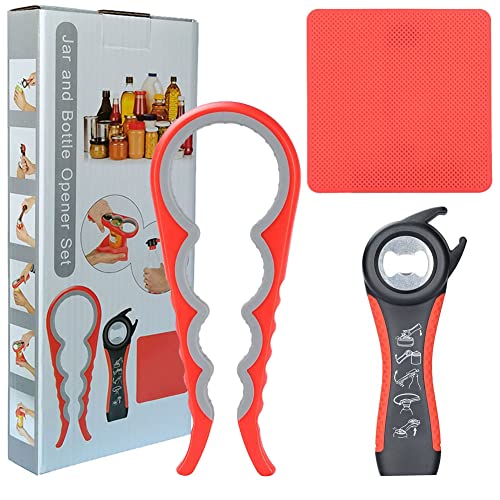 Jar Opener and Bottle Opener with Silicone Jar Gripper to Remove Stubborn Lids, Pull Tabs and Bottles-Designed for Weak Hands,Seniors, Arthritis (Red)