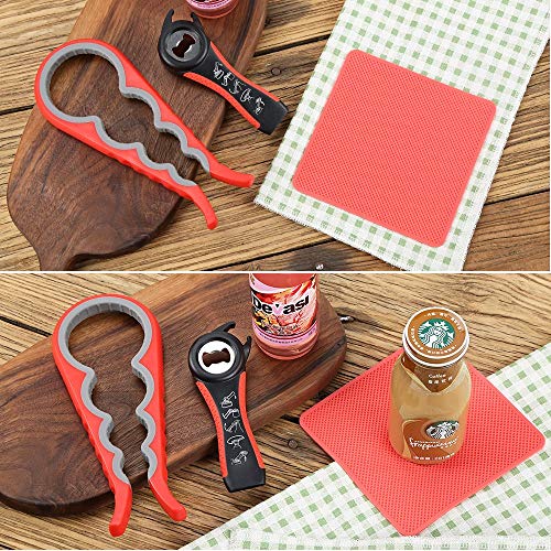 Jar Opener and Bottle Opener with Silicone Jar Gripper to Remove Stubborn Lids, Pull Tabs and Bottles-Designed for Weak Hands,Seniors, Arthritis (Red)