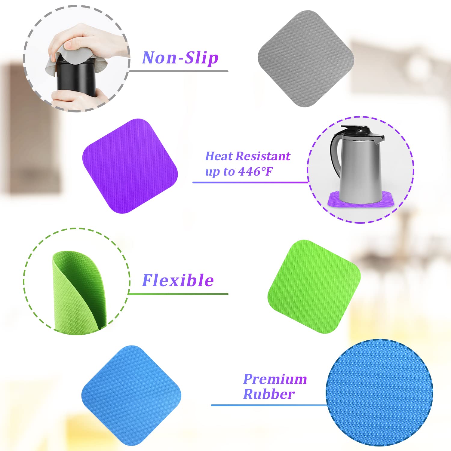 4pcs Jar Gripper Pads, Multifunctional Rubber Jar Gripper Pads Square-Shaped Jar Opener Grippers Kitchen Coaster for Elderly Children Women Weak Hands (4 Colors)