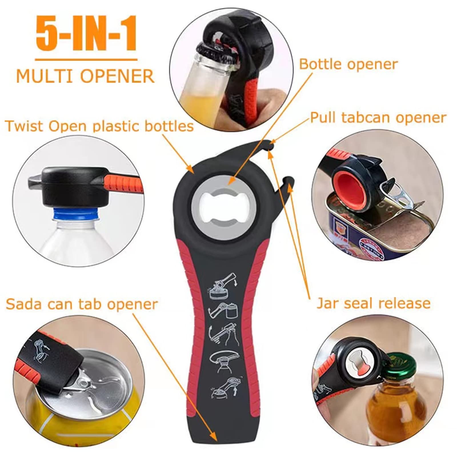 Tunyet Bottle Opener set 6pcs.4 &5 in 1 Multi Function Non-Slip Jar Opener Lid Opener Tools with 4Pcs Rubber Jar Opener Gripper Pad (black+red 6pcs)