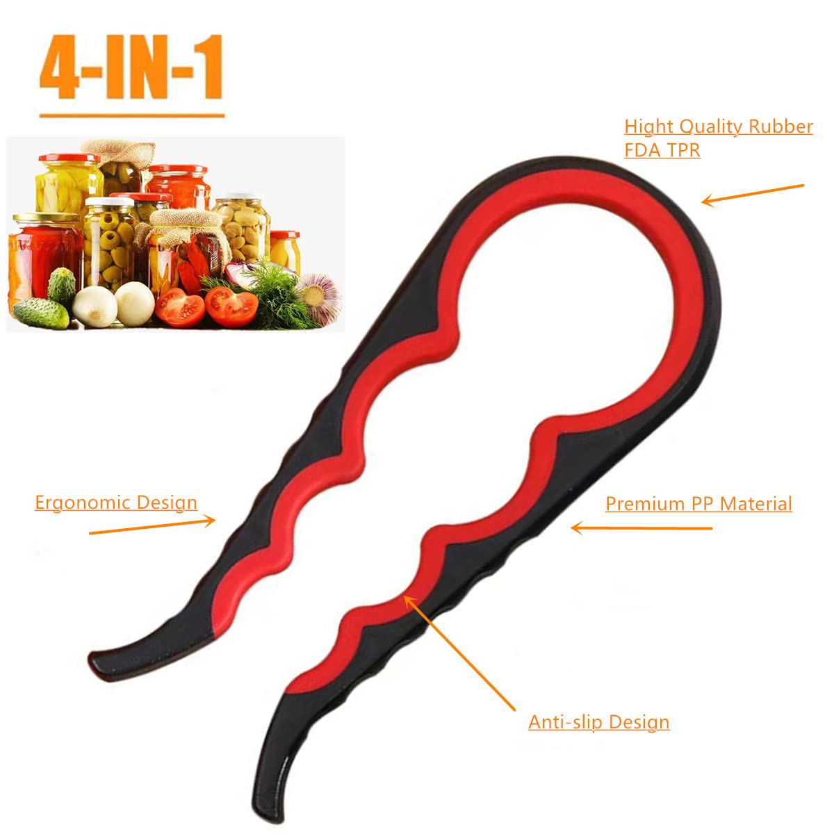 Tunyet Bottle Opener set 6pcs.4 &5 in 1 Multi Function Non-Slip Jar Opener Lid Opener Tools with 4Pcs Rubber Jar Opener Gripper Pad (black+red 6pcs)