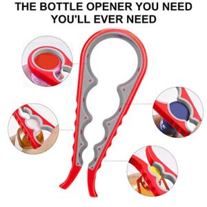 Jar Opener 4&5 in 1 Can Opener Set,Multifunctional Can Opener Kitchen Gadgets，Bottle Opener Kit with Silicone Handle Openers for Arthritic Hand&rubber Jar Opener for Week Hands (Red)