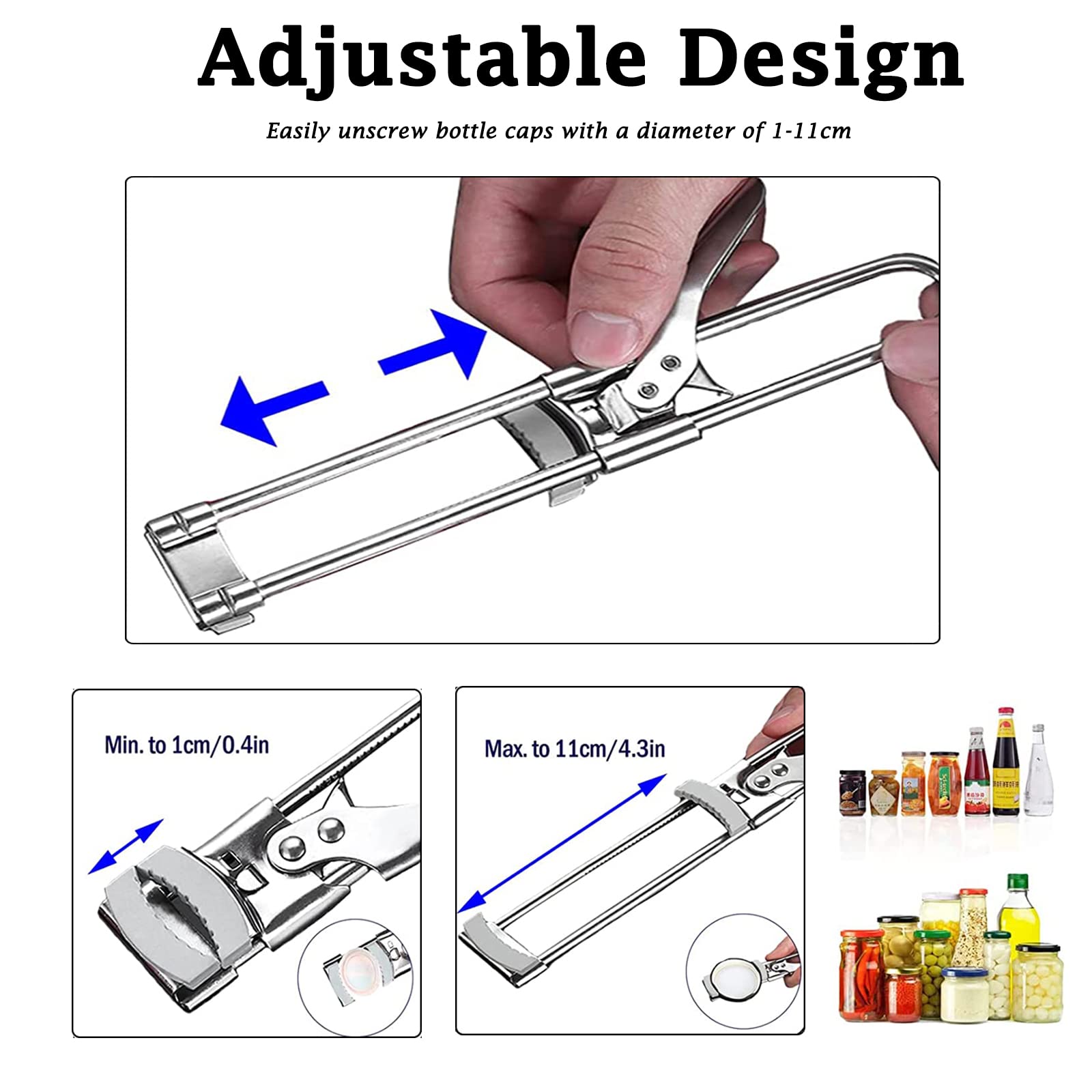 Jar & Bottle Opener, Automatic Jar Opener for Arthritis, Weak Hands, Bottle Opener for Arthritic Hands, Adjustable Multifunctional Stainless Steel Can Opener Jar Lid Gripper, Manual Jar Bottle Opener