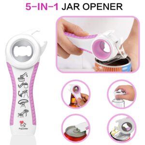 Jar Opener for Weak Hands - Jar Opener for Seniors with Arthritis, 5in1 Bottle Opener, 3 PCS Multi-Function Non Slip Rubber Jar Opener Gripper Pad in White and Purple, and 2pcs Portable Bottle Opener