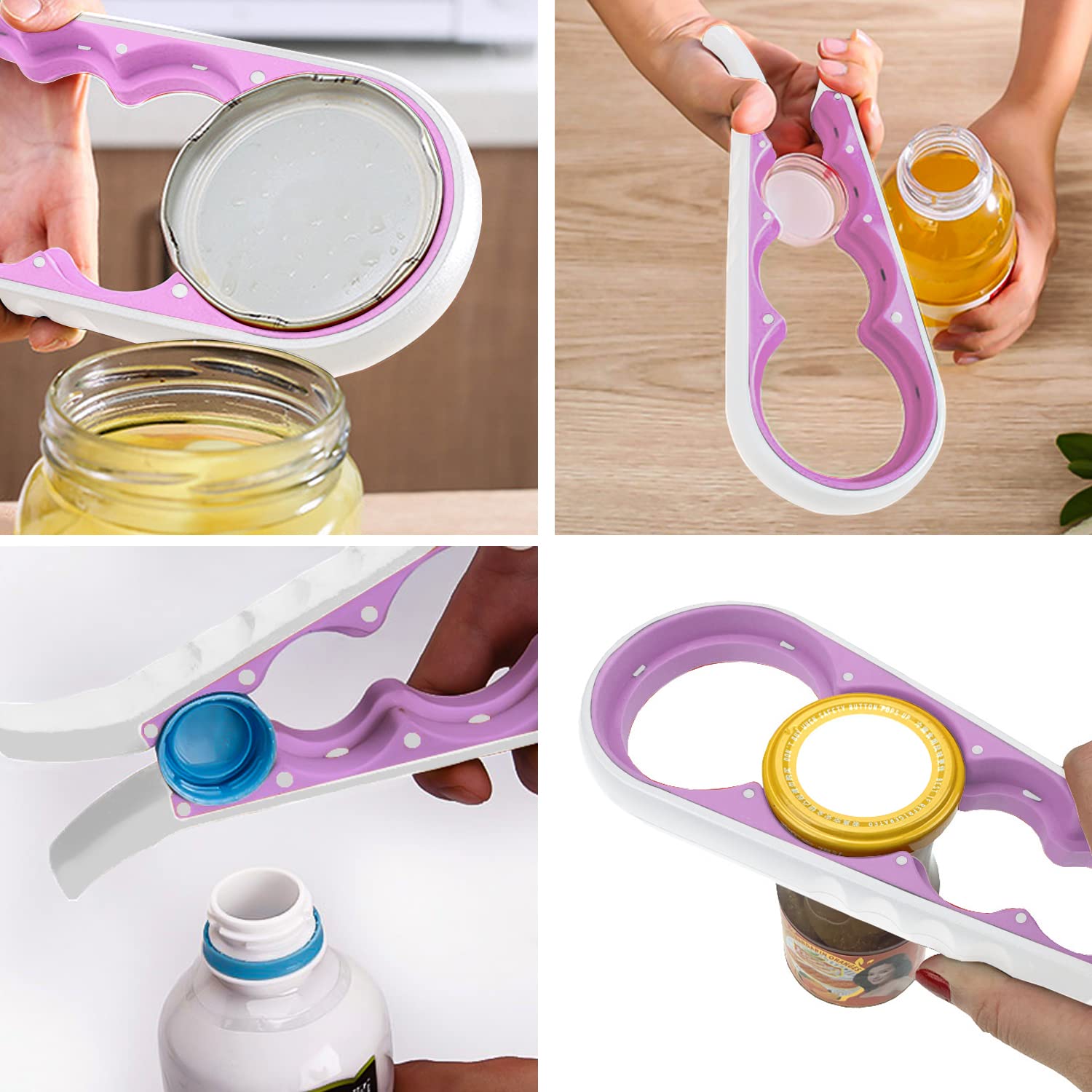 Jar Opener for Weak Hands - Jar Opener for Seniors with Arthritis, 5in1 Bottle Opener, 3 PCS Multi-Function Non Slip Rubber Jar Opener Gripper Pad in White and Purple, and 2pcs Portable Bottle Opener