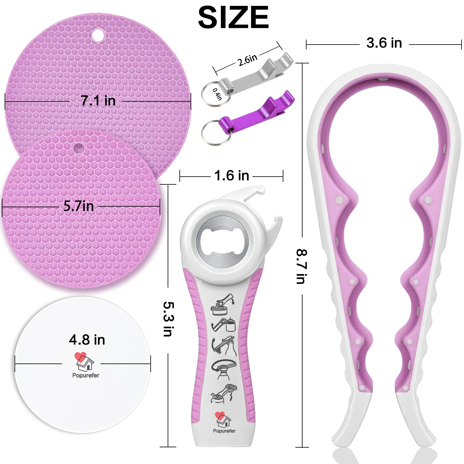 Jar Opener for Weak Hands - Jar Opener for Seniors with Arthritis, 5in1 Bottle Opener, 3 PCS Multi-Function Non Slip Rubber Jar Opener Gripper Pad in White and Purple, and 2pcs Portable Bottle Opener