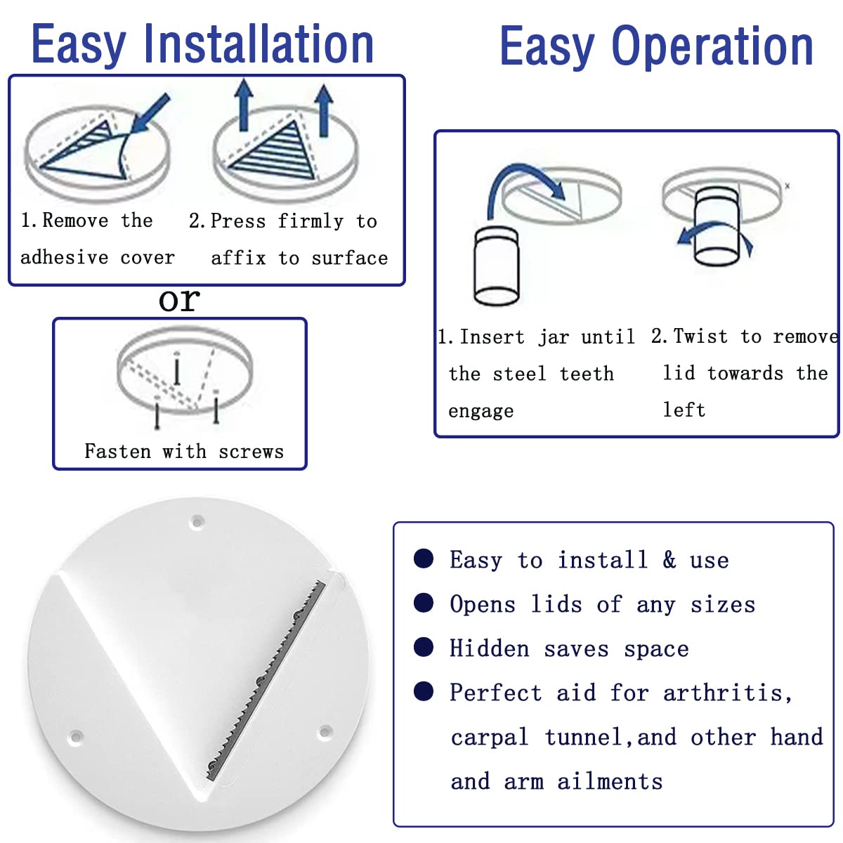 GOHRAI - Under Cabinet Jar Opener & Bottle Opener with 2Pcs Jar Opener Gripper Pad- Opens Any Size Jar -Jar Opener For Weak Hands & Seniors with Arthritis