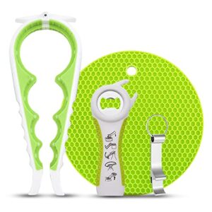 4 pack jar opener for weak hands,jar opener for seniors with arthritis，with 5 in 1 bottle opener, 4 in 1 can opener, jar gripper pad and bottle opener keychain (white green)