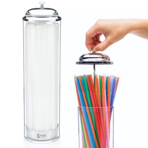 simplyimagine acrylic straw holder- 13 inch tall drinking straw dispenser for smoothie tubes, retro reusable storage container of house supplies- metal base and lid with 20 clear straws in white pack