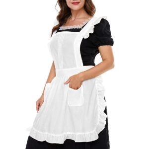 LilMents Retro Adjustable Ruffle Apron with Pockets, Small to Plus Size Ladies (White)