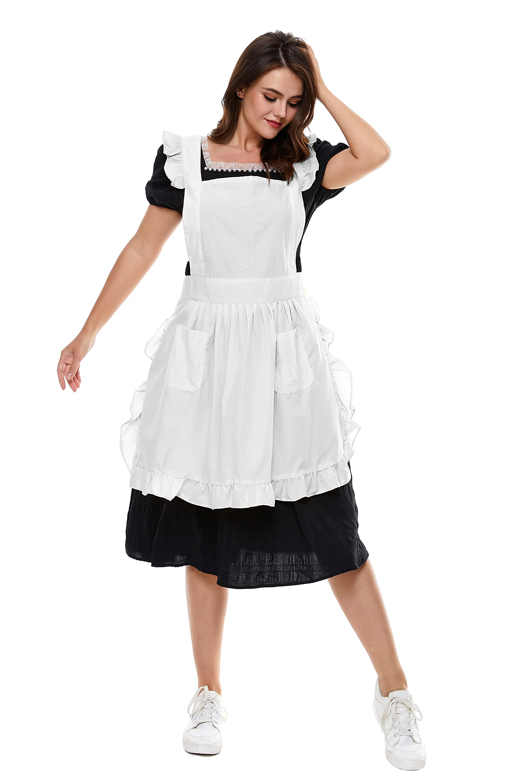 LilMents Retro Adjustable Ruffle Apron with Pockets, Small to Plus Size Ladies (White)