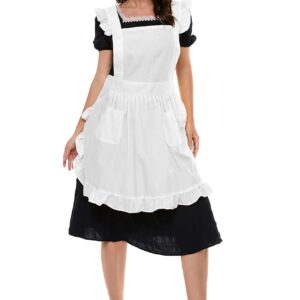 LilMents Retro Adjustable Ruffle Apron with Pockets, Small to Plus Size Ladies (White)