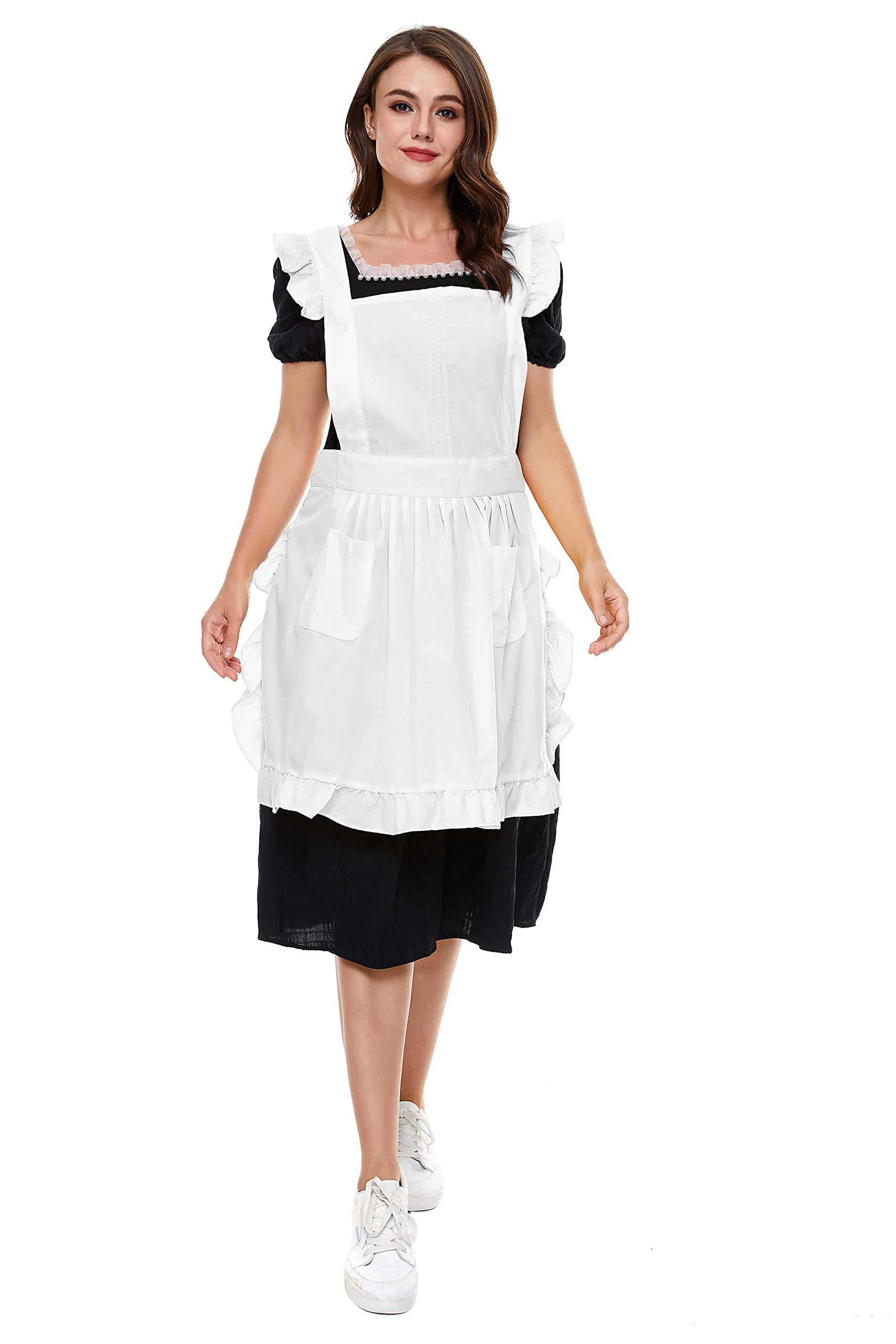 LilMents Retro Adjustable Ruffle Apron with Pockets, Small to Plus Size Ladies (White)