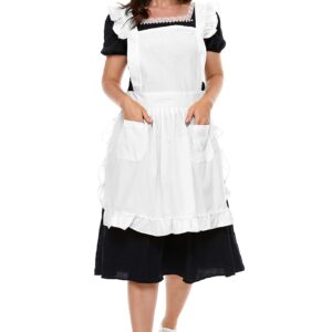 LilMents Retro Adjustable Ruffle Apron with Pockets, Small to Plus Size Ladies (White)