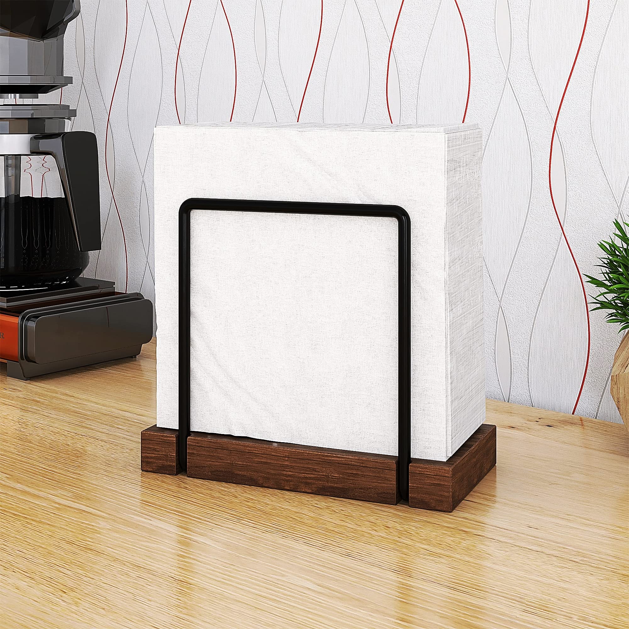 Modern Wooden Napkin Holder for Table with Black Steel Wire-Farmhouse Napkins Holder Dispenser-Napkin Holders for Kitchen & Dining Tables Decor