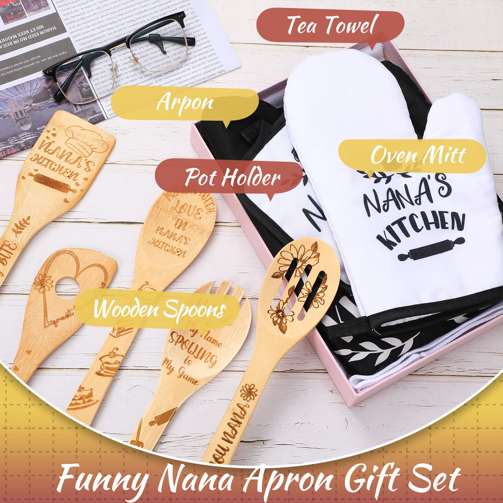 Vicenpal 10 Pcs Nana Gifts Set Including Cotton Apron Tea Towel Bamboo Kitchen Cooking Spatula Pot Holders Oven Mitt Nana Birthday Christmas Holiday Favor