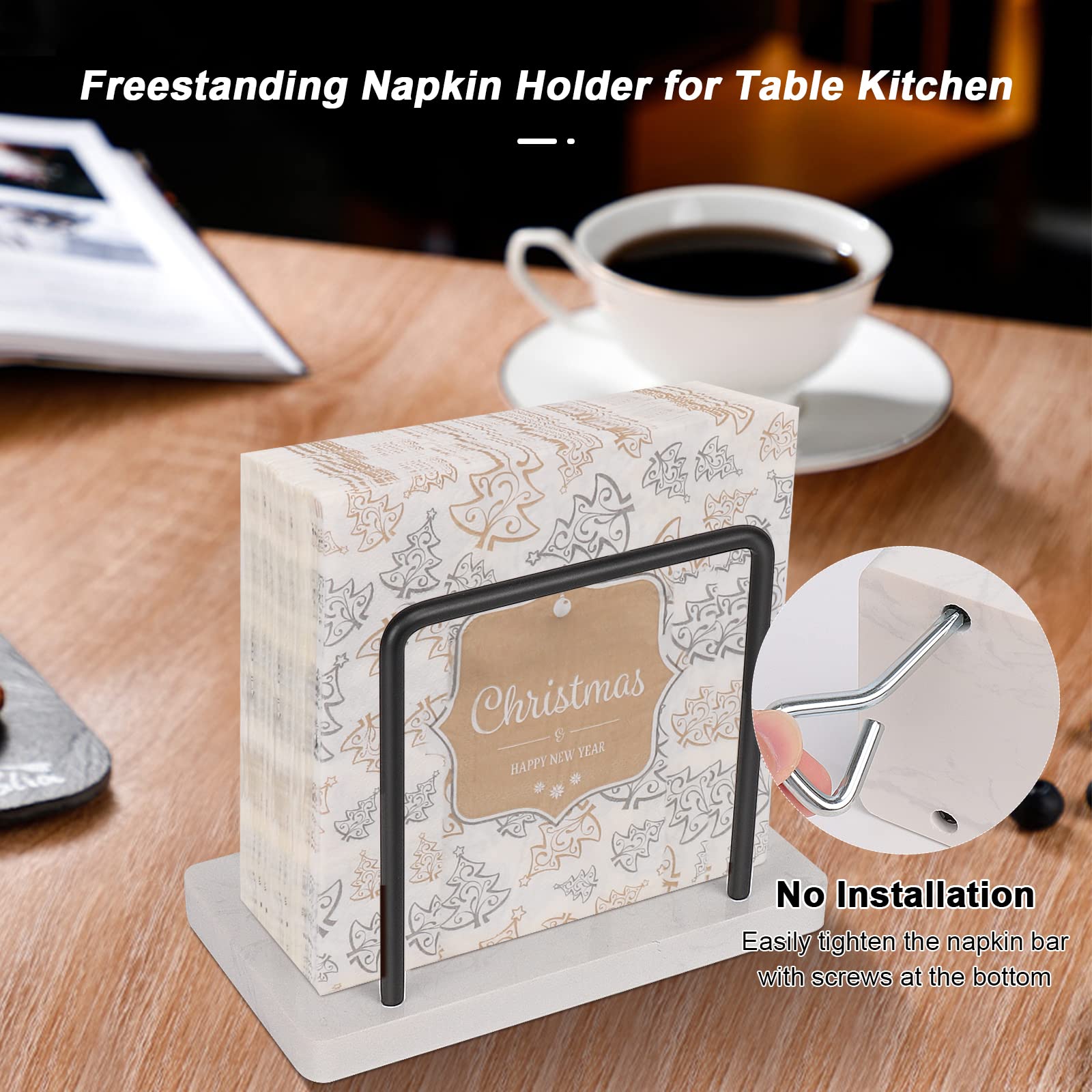 Livabber Napkin Holder, Metal Napkin Holder Modern Freestanding Tissue Paper Dispenser for Table Kitchen Countertop (Marble Base, Black)