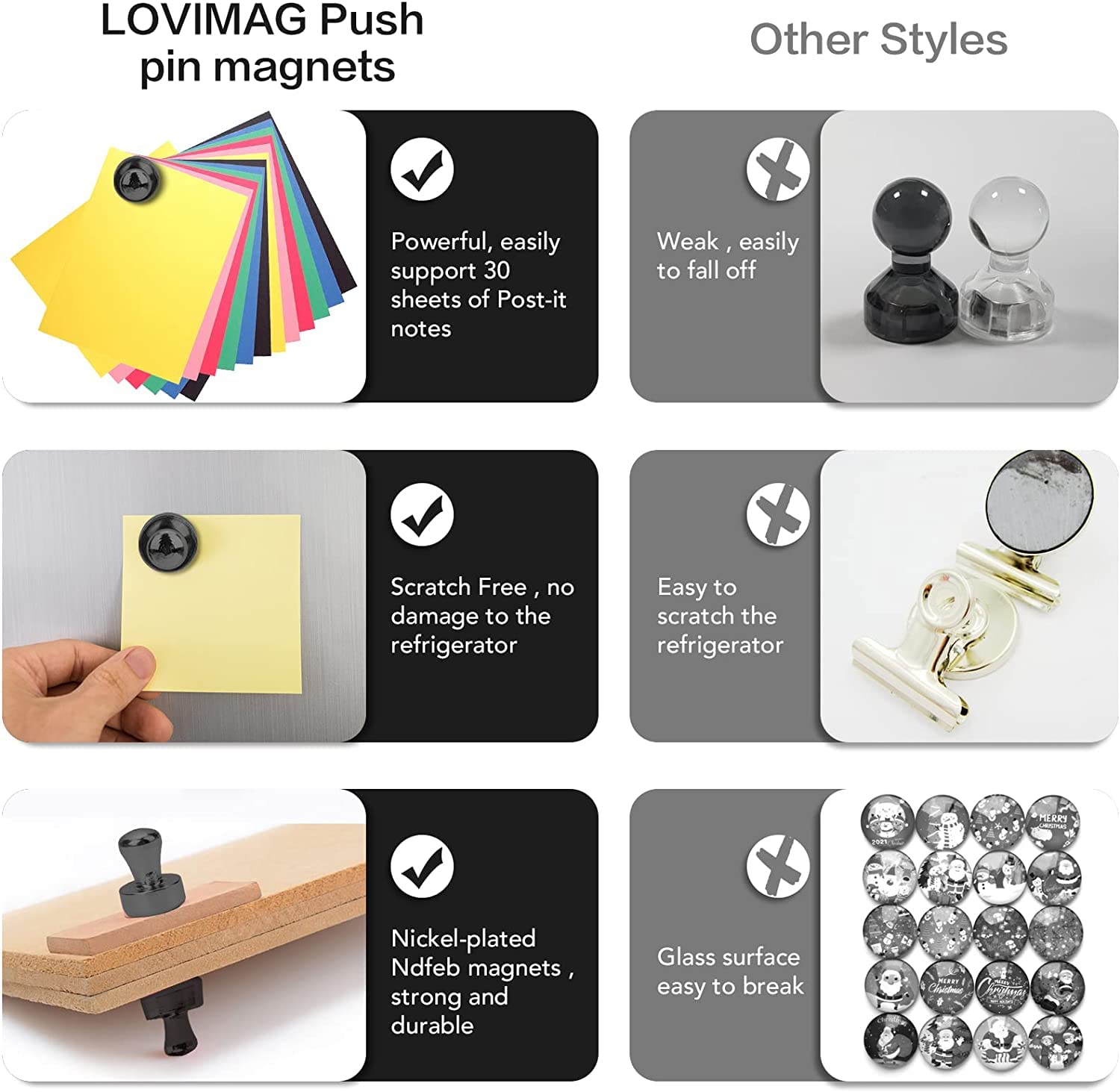 LOVIMAG 50Pcs Fridge Magnets, Black Refrigerator Magnets for Whiteboard, Strong Metal Magnets for Fridge, Whiteboard, Office, Classroom, Map, Kitchen