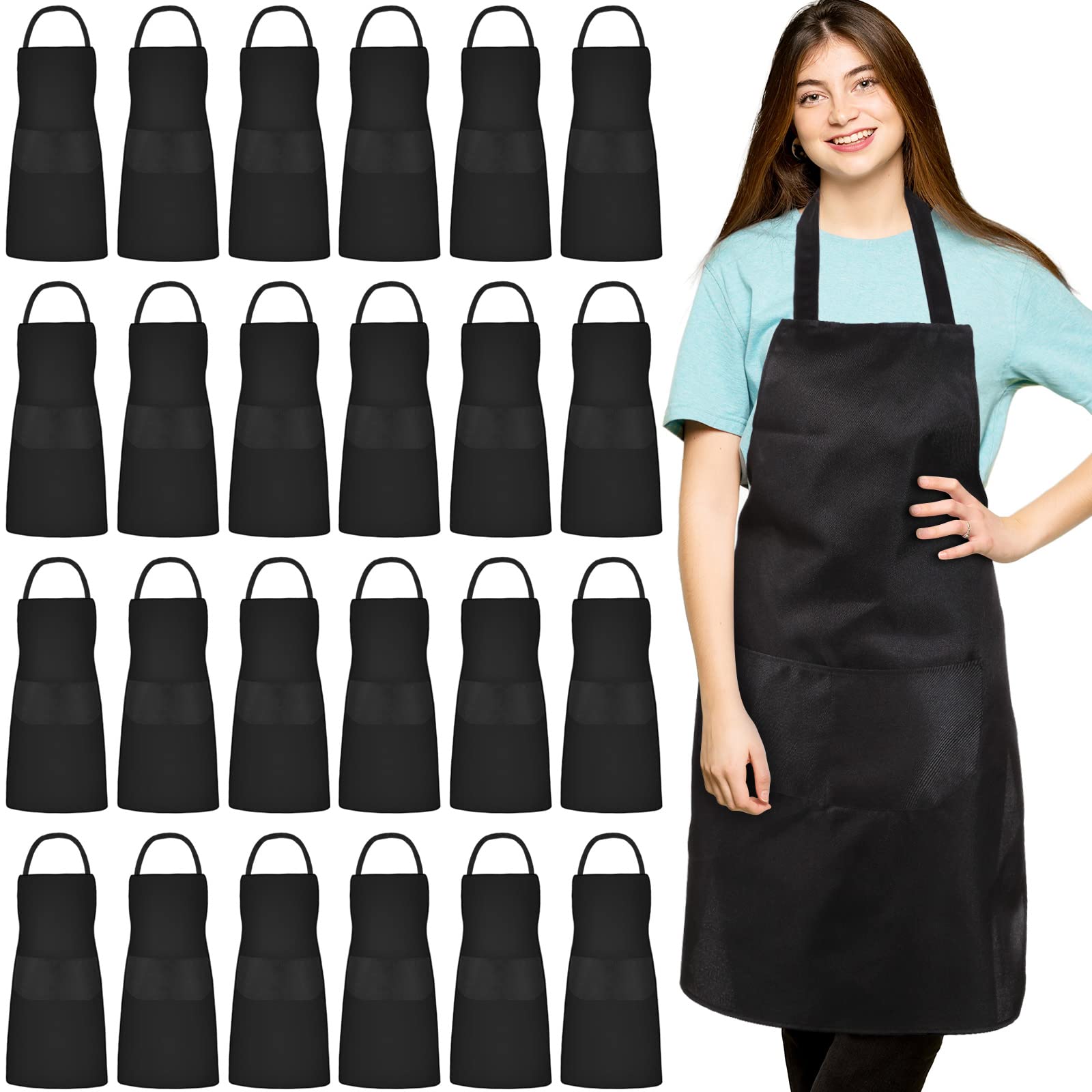 Tarpop 24 Pack Bib Aprons Unisex Commercial Apron Resistant Apron Kitchen BBQ Crafting Aprons for Women Men Chef (Black)