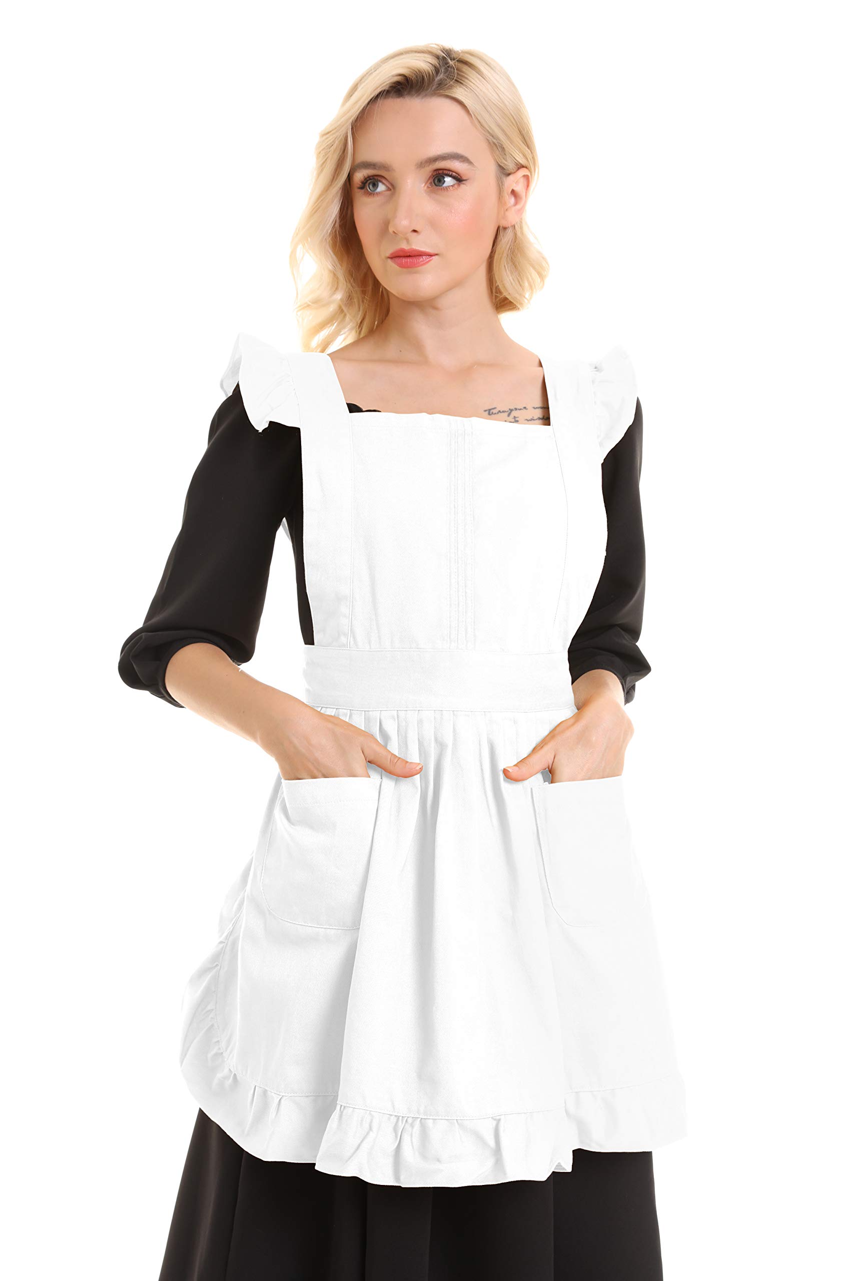 LilMents Retro Adjustable Ruffle Apron Kitchen Cooking Baking Cleaning Maid Costume (White)