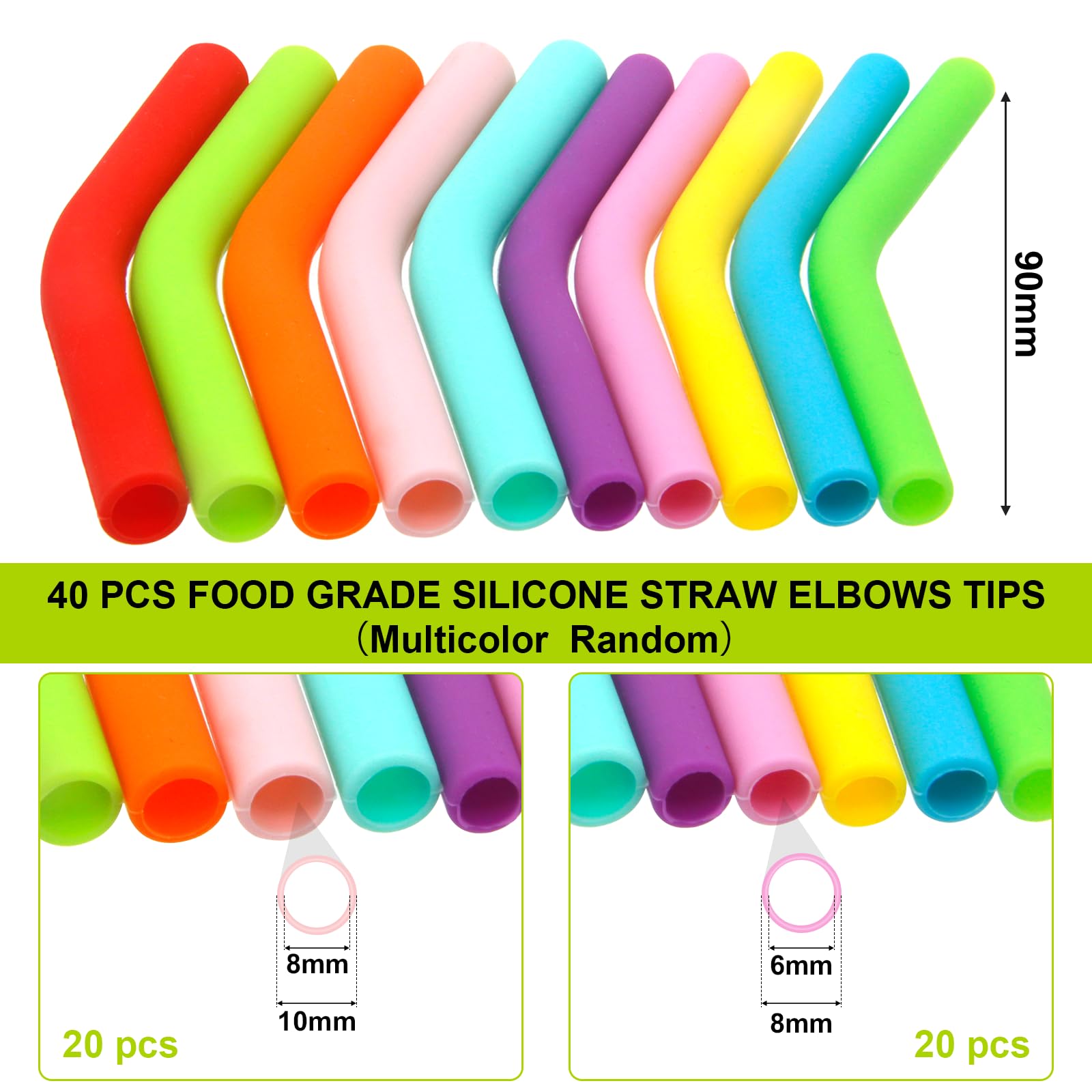 40 Pcs Food Grade Silicone Straw Elbows Tips, Soft Reusable Stainless Steel Straw Nozzles Fit for 1/3" and 1/4" Wide (8mm and 6mm） Outer Diameter Stainless Steel Straws, Multicolor