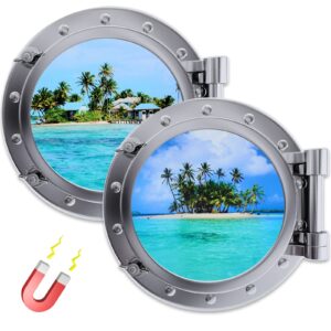 2 pcs cruise door decorations magnetic porthole cruise door magnets 10 inch set palm tree cruise dolphin turtle the sea nature scenery fridge decor for carnival cruise car (beach style)