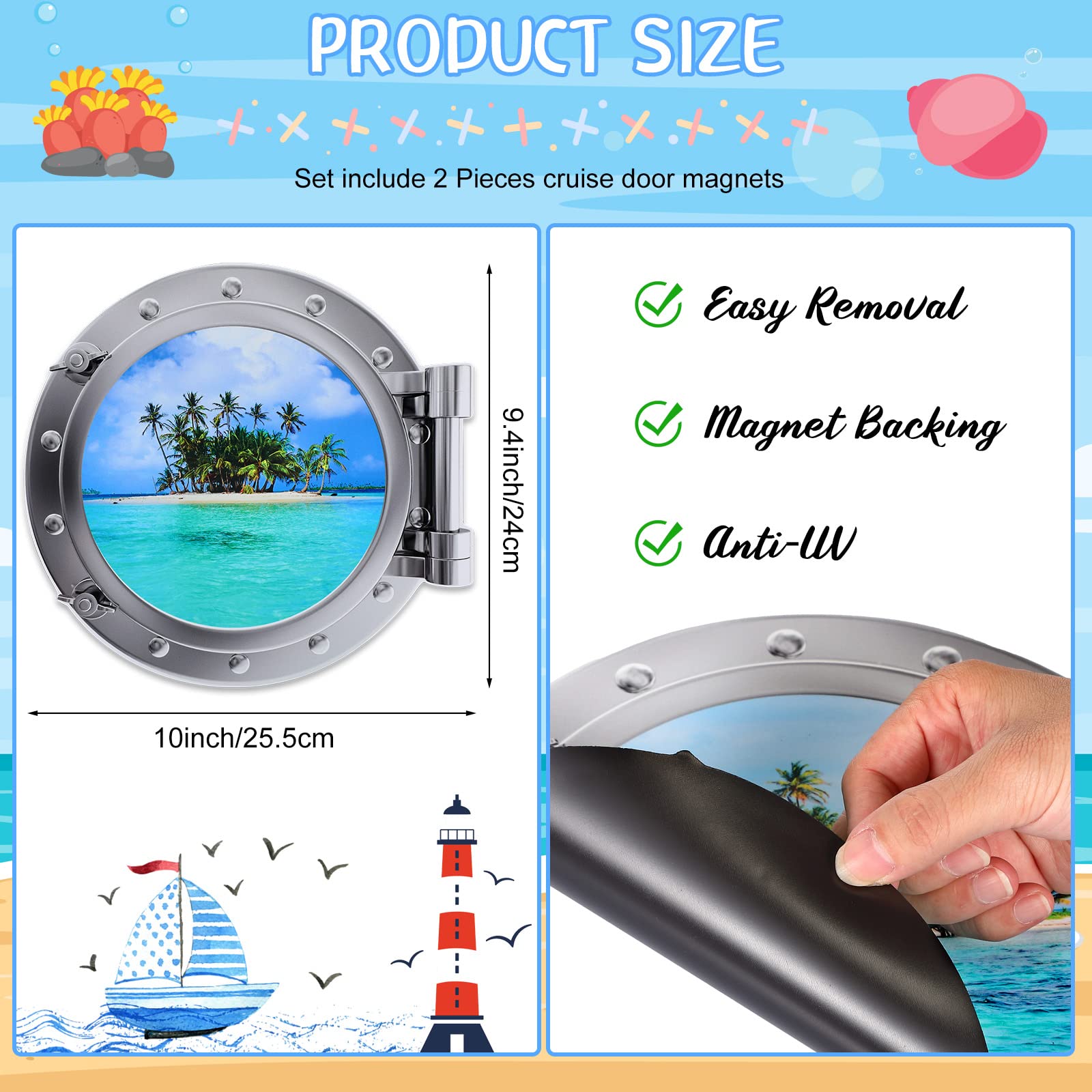 2 Pcs Cruise Door Decorations Magnetic Porthole Cruise Door Magnets 10 Inch Set Palm Tree Cruise Dolphin Turtle The Sea Nature Scenery Fridge Decor for Carnival Cruise Car (Beach Style)