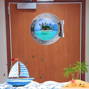 2 Pcs Cruise Door Decorations Magnetic Porthole Cruise Door Magnets 10 Inch Set Palm Tree Cruise Dolphin Turtle The Sea Nature Scenery Fridge Decor for Carnival Cruise Car (Beach Style)