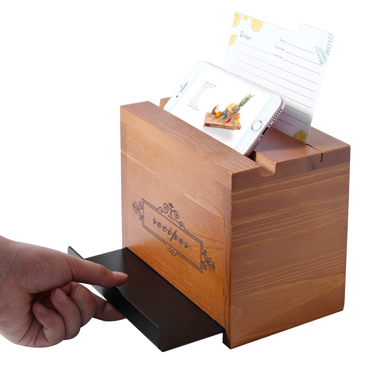 WELLAND Wood Recipe Box with 4 x 6 Inches Cards, Phone Slot on the Top, Pull-out iPad Holder Stand, Card Dividers with Tap