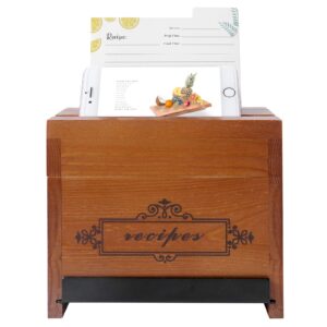 WELLAND Wood Recipe Box with 4 x 6 Inches Cards, Phone Slot on the Top, Pull-out iPad Holder Stand, Card Dividers with Tap