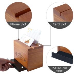 WELLAND Wood Recipe Box with 4 x 6 Inches Cards, Phone Slot on the Top, Pull-out iPad Holder Stand, Card Dividers with Tap