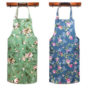 ddjyp women kitchen apron-2 pack, cotton canvas flower apron, floral pattern apron with pockets for women chef apron(green&blue)