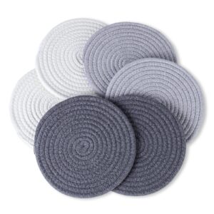 6 pack trivets for hot dishes 7 inches hot pads for kitchen trivets for hot pots and pans farmhouse coasters cotton rope placemats kitchen decor for counter woven potholders (black, grey, white, 6)