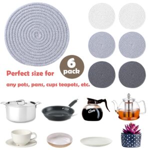 6 Pack Trivets for Hot Dishes 7 Inches Hot Pads for Kitchen Trivets for Hot Pots and Pans Farmhouse Coasters Cotton Rope Placemats Kitchen Decor for Counter Woven Potholders (Black, Grey, White, 6)