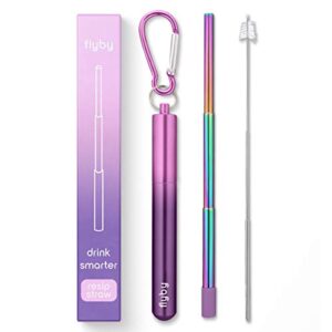 flyby portable reusable drinking straws | collapsible & foldable telescopic stainless steel metal straw dispenser | final aluminum case, long cleaning brush, silicone tip | pink & purple | 1-pack