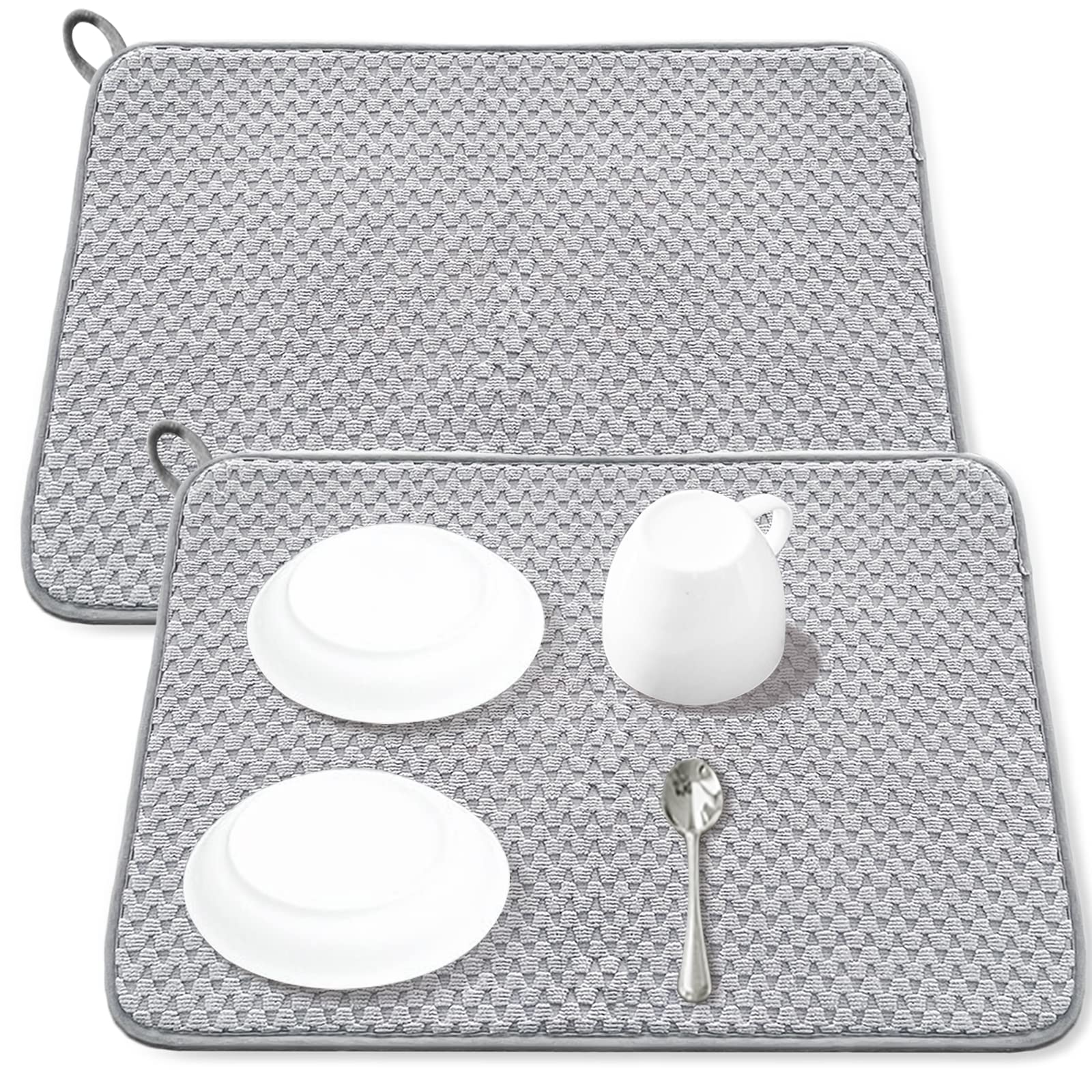 2Pcs Dish Drying Mat,Microfiber Drying Pad,Absorbent Dishes Drainer for Kitchen Countertop,15 Inch x 20 Inch,Gray