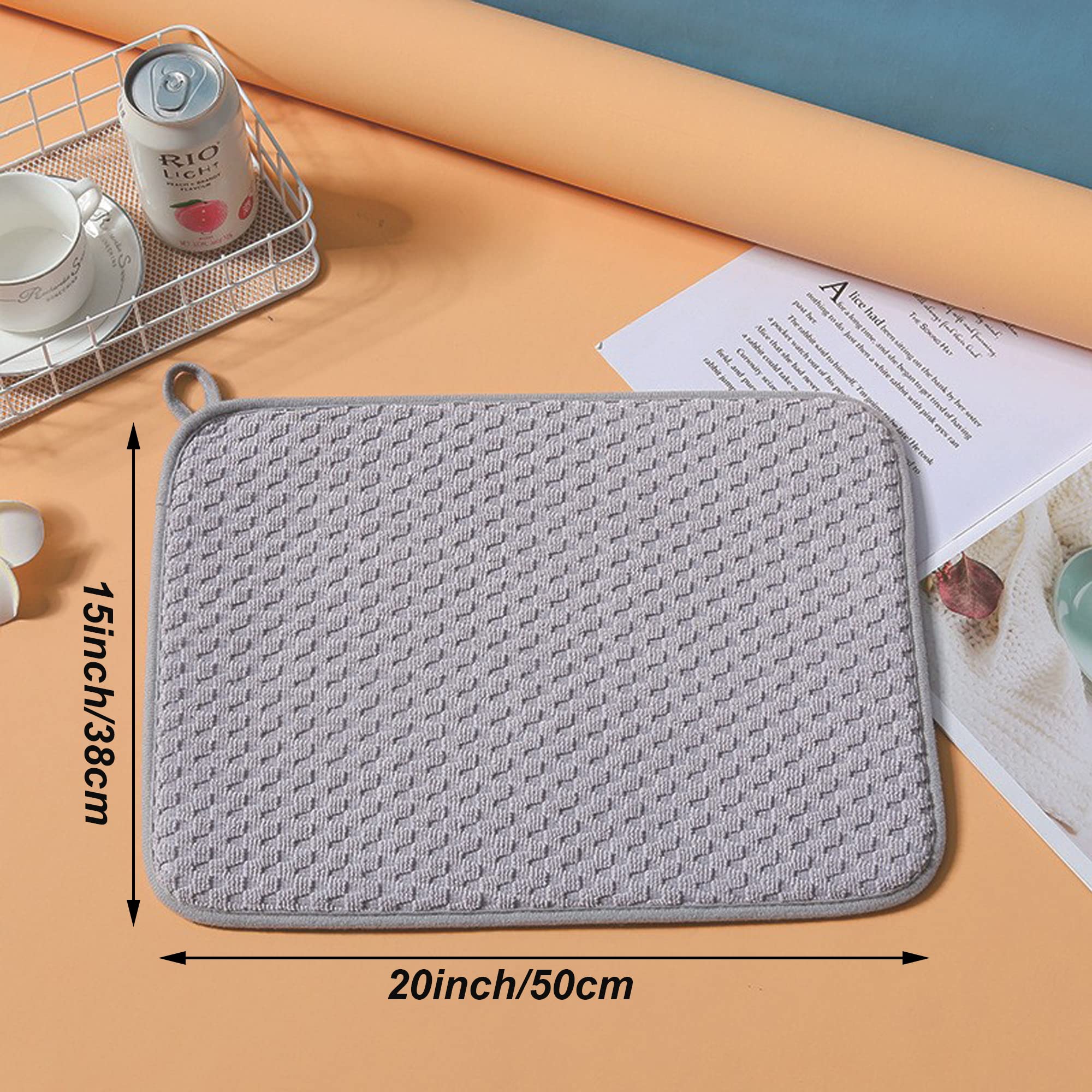 2Pcs Dish Drying Mat,Microfiber Drying Pad,Absorbent Dishes Drainer for Kitchen Countertop,15 Inch x 20 Inch,Gray