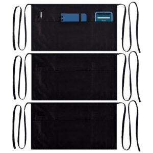 dreamology waist apron, server apron with 4 pockets, waitress apron for women men kitchen home, chef apron, waiter apron, water resistant with long waist strap (black - 3 pack)