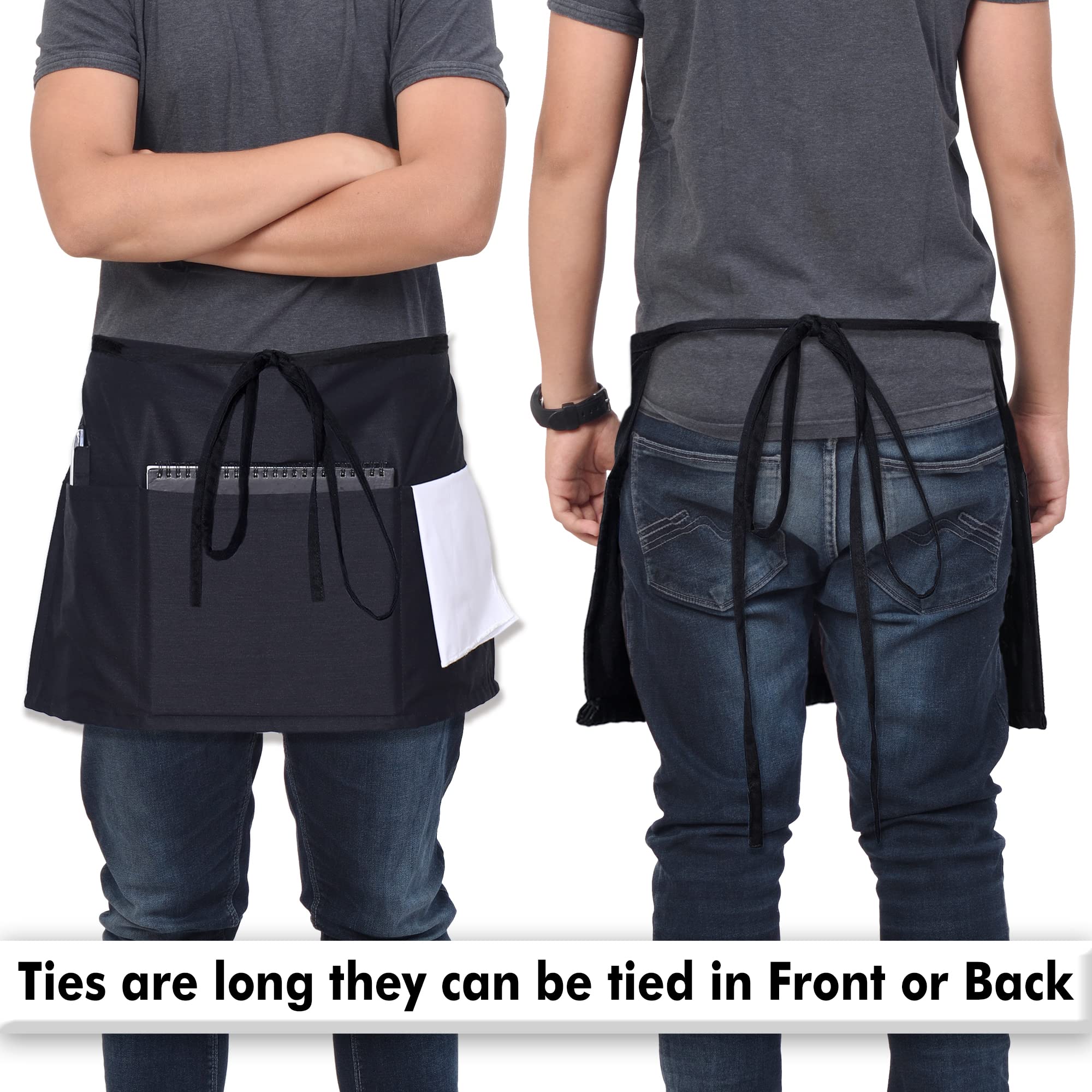 Dreamology Waist Apron, Server Apron With 4 Pockets, Waitress Apron for Women Men Kitchen Home, Chef Apron, Waiter Apron, Water Resistant with Long Waist Strap (Black - 3 Pack)