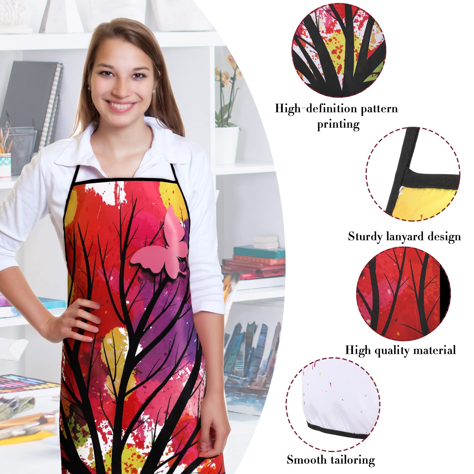 3 Pieces Colorful Artist Painting Apron Paint Splatter Apron Butterfly Tree Art Teacher Gifts Waterproof Painters Apron Adjustable Artist Smock for Men Women Girls Chef Cooking Baking Gardening