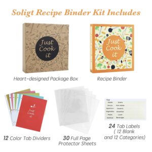 Recipe Binder, 8.5x11 3 Ring Full Page Recipe Book Binder Kit with 30 Plastic Page Protectors, 12 Dividers & 24 Lables, Family Recipe Organizer Binder (Recipe Page Print Templates Included)