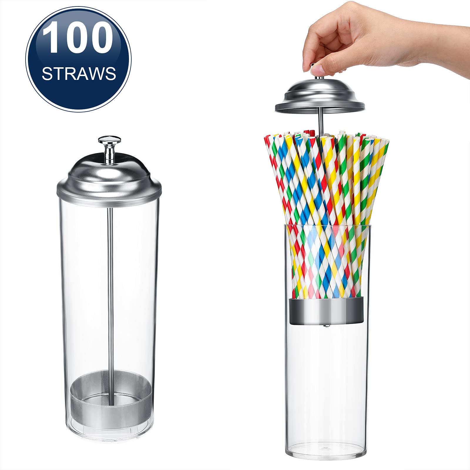 Plastic Straw Dispenser 100 Pcs Drinking Straw Organizer Container with Stainless Steel Lid Transparent Drinking Straw Holder Disposable Drinking Striped Paper Straws