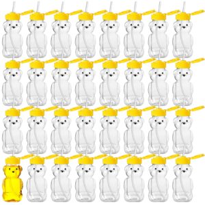 32 pack honey bear bottle with straws empty plastic cup honey jar containers bear shaped squeeze bottle storing and dispensing yellow flip top lid assistive drink cups honey bottles jar (6oz)