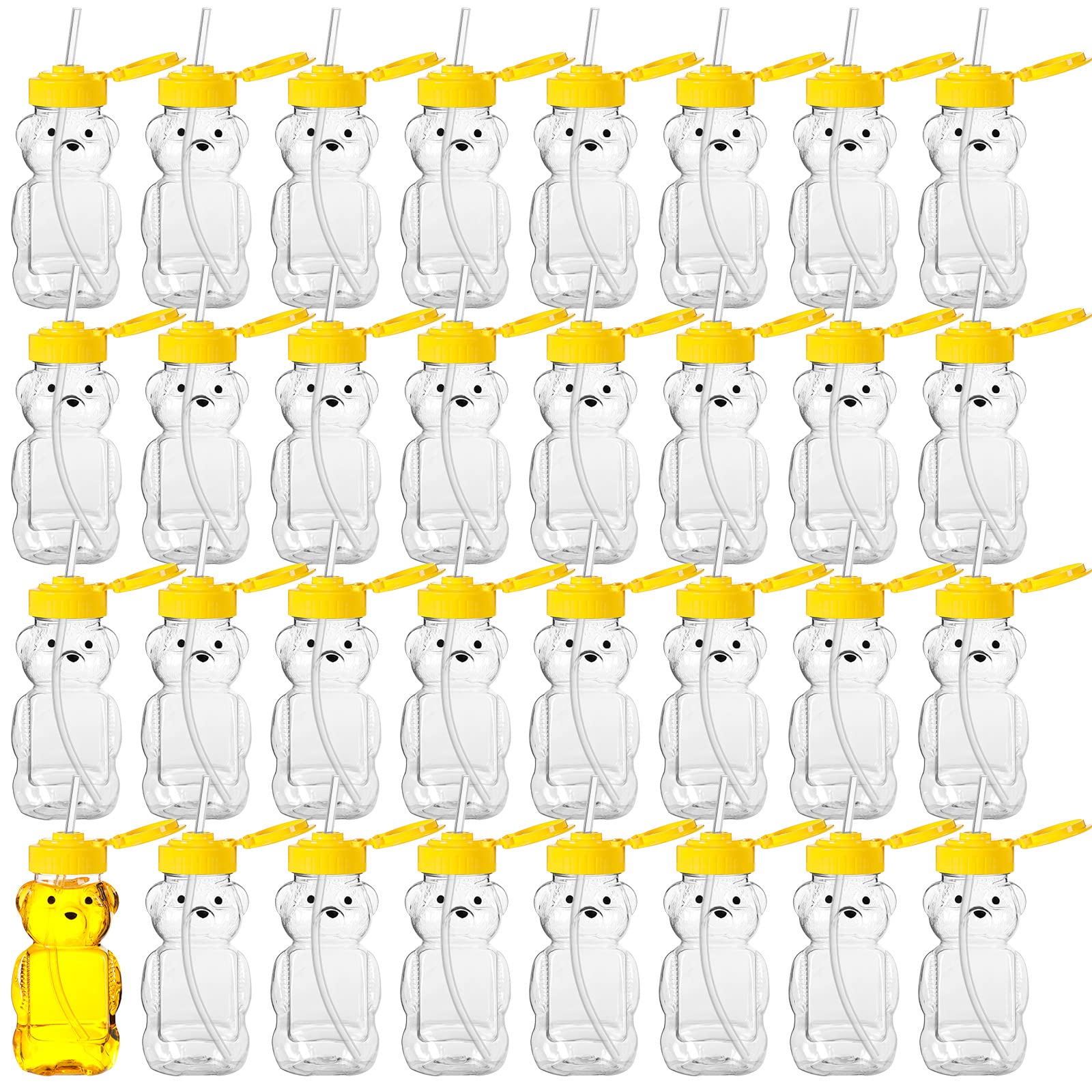 32 Pack Honey Bear Bottle with Straws Empty Plastic Cup Honey Jar Containers Bear Shaped Squeeze Bottle Storing and Dispensing Yellow Flip Top Lid Assistive Drink Cups Honey Bottles Jar (6oz)